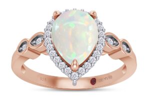 gemvio collection 1 carat ct 8x6mm pear cut natural white opal gemstone & diamond halo teardrop engagement ring in 14k rose gold over sterling silver anniversary wedding band ring(1 cttw)-6