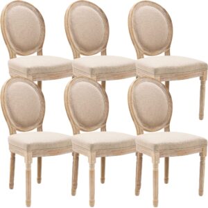 chairus farmhouse dining chairs set of 6, french country dining room chairs vintage fabric upholstered chair with round back natural wood legs, beige 6 pcs