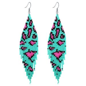 calorvia boho big long tassel beaded dangle earrings leopard handmade bohemian large statement fringe for women (teal green)