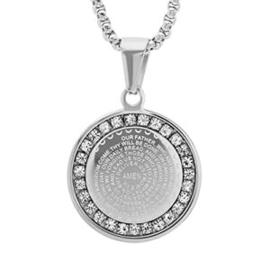 steeltime stainless steel pendant necklace with simulated diamonds - 18-inch rounded box chain, stainless steel pendant for men & women, lords prayer & serenity prayer gifts - silver, lord's prayer