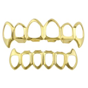 psivika gold plated shiny hip hop teeth grillz caps iced out cz top and bottom vampire fangs grillz for men and women (gold)