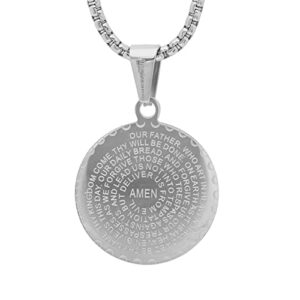 Steeltime Stainless Steel Pendant Necklace with Simulated Diamonds - 18-Inch Rounded Box Chain, Stainless Steel Pendant for Men & Women, Lords Prayer & Serenity Prayer Gifts - Silver, Lord's Prayer