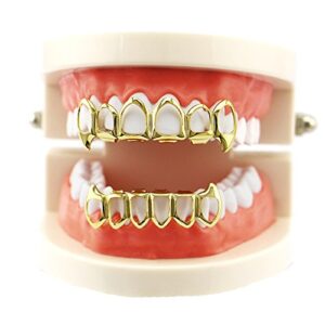 Psivika Gold Plated Shiny Hip Hop Teeth Grillz Caps Iced Out CZ Top and Bottom Vampire Fangs Grillz for Men and Women (Gold)