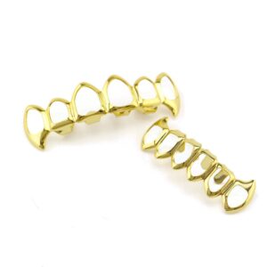 Psivika Gold Plated Shiny Hip Hop Teeth Grillz Caps Iced Out CZ Top and Bottom Vampire Fangs Grillz for Men and Women (Gold)