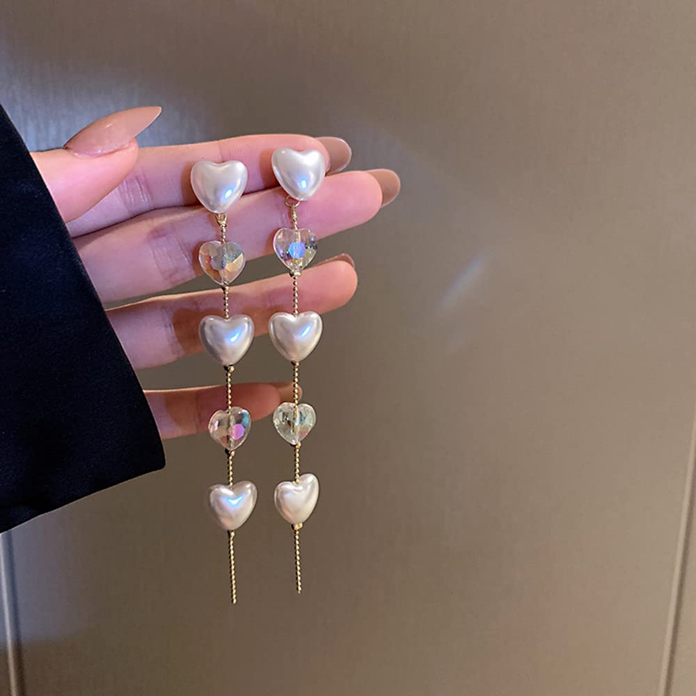 JWICOS Minimalist Long Crystal Heart Tassel Earrings Multi Interlocking Pearl Beaded Heart Fringe Dangle Earrings for Women and Girls Thin Statement Earrings for Daily Party