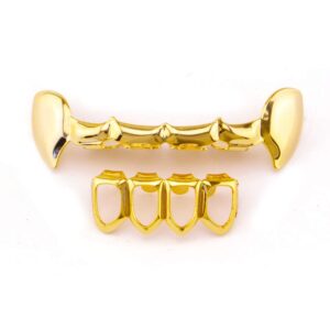 psivika gold plated shiny hip hop teeth grillz caps iced out cz top and bottom vampire fangs grillz for men and women (gold)