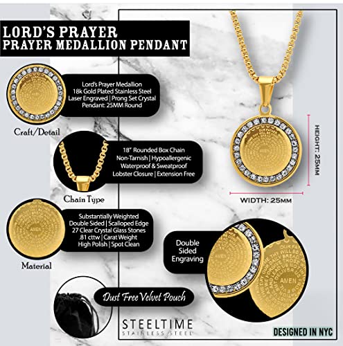 Steeltime Stainless Steel Pendant Necklace with Simulated Diamonds - 18-Inch Rounded Box Chain, Stainless Steel Pendant for Men & Women, Lords Prayer & Serenity Prayer Gifts - Silver, Lord's Prayer