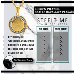 Steeltime Stainless Steel Pendant Necklace with Simulated Diamonds - 18-Inch Rounded Box Chain, Stainless Steel Pendant for Men & Women, Lords Prayer & Serenity Prayer Gifts - Silver, Lord's Prayer