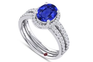 gemvio collection 8x6mm oval cut lab created blue sapphire gemstone & natural diamond halo bridal set engagement ring in 14k white gold over sterling silver anniversary wedding ring (1.40 cttw)-9