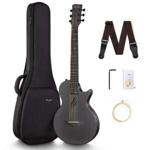 enya nova go carbon fiber acoustic guitar 1/2 size beginner adult travel acustica guitarra w/starter bundle kit of colorful packaging, acoustic guitar strap, gig bag, cleaning cloth, string(black)