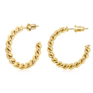 gacimy twisted gold hoop earrings for women 14k real gold plated, 925 sterling silver post chunky hoop earrings for women, 25mm medium braided hoop earrings