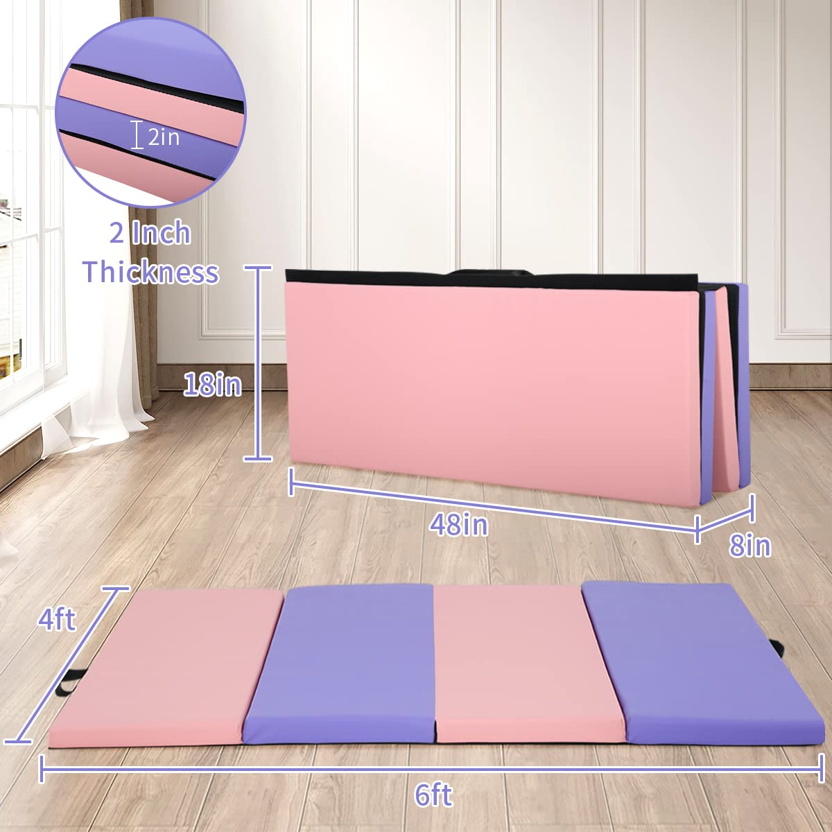 BLKMTY Gymnastics Mats for Tumbling 4'x6'x2" Gym Mats Folding Yoga Mat Lightweight Exercise Mat Thick Workout Mat for Home Aerobics Panel Mat Fitnees Gymnastics Tumbling Mat W/Carrying Handles