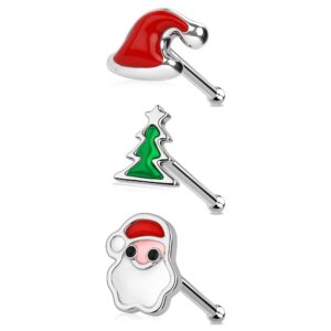 oufer 3pcs 20g christmas nose rings pack surgical steel nose studs bone nose piercing jewelry santa claus women men gifts