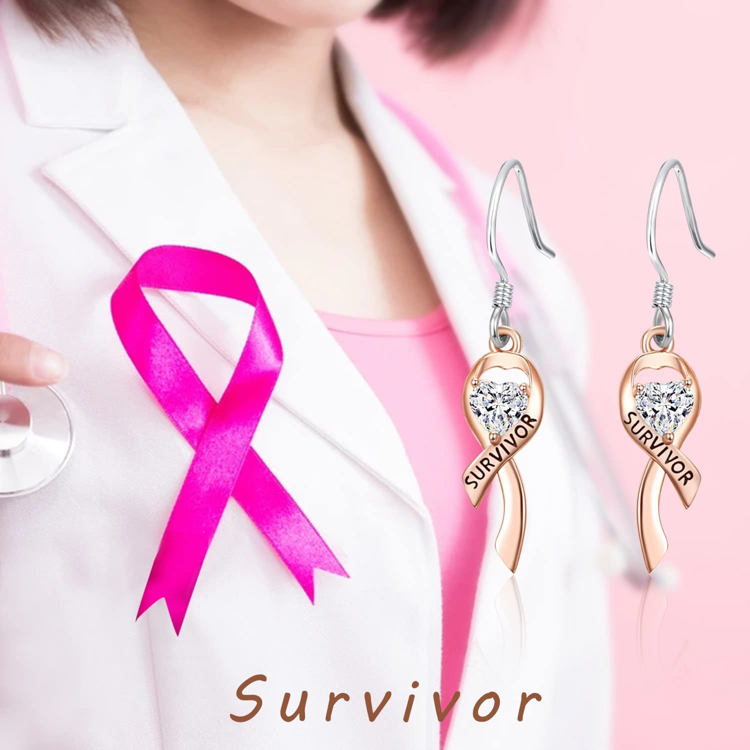 Dreamboat Breast Cancer Earrings for Women 925 Sterling Silver Pink Ribbon Earrings Breast Cancer Awareness Hook Earrings Dangle Zirconia Breast Cancer Survivor Jewelry Gifts