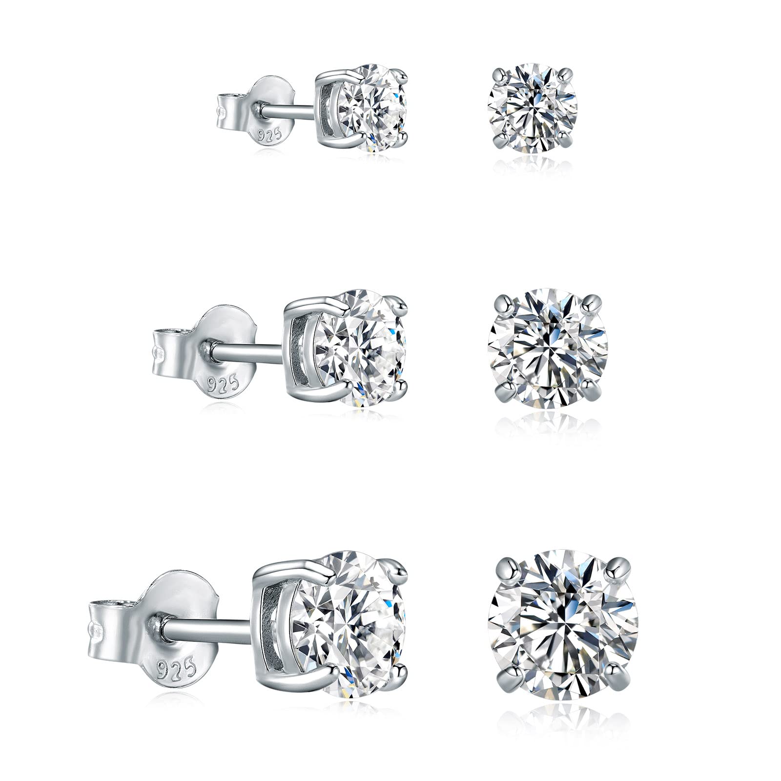 Diamond Moissanite Stud Earrings Women: 0.1ct-0.46ct DF Color Solitaire Round Solid White Gold Plated Sterling Silver Stud Earring Set for Women