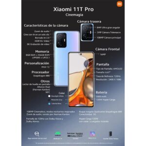 Xiaomi 11T PRO 5G + 4G Global Version (256GB, 8GB) 6.67” 108MP Triple Cam, NFC SIM (Not Compatible Verizon Sprint Boost Metro Cricket) GSM Unlocked (w/Fast Car Charger Bundle) (Celestial Blue)