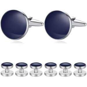 honey bear 8pcs set cufflinks and studs - black onyx, for men shirts tuxedo wedding gift (navy blue with silver)