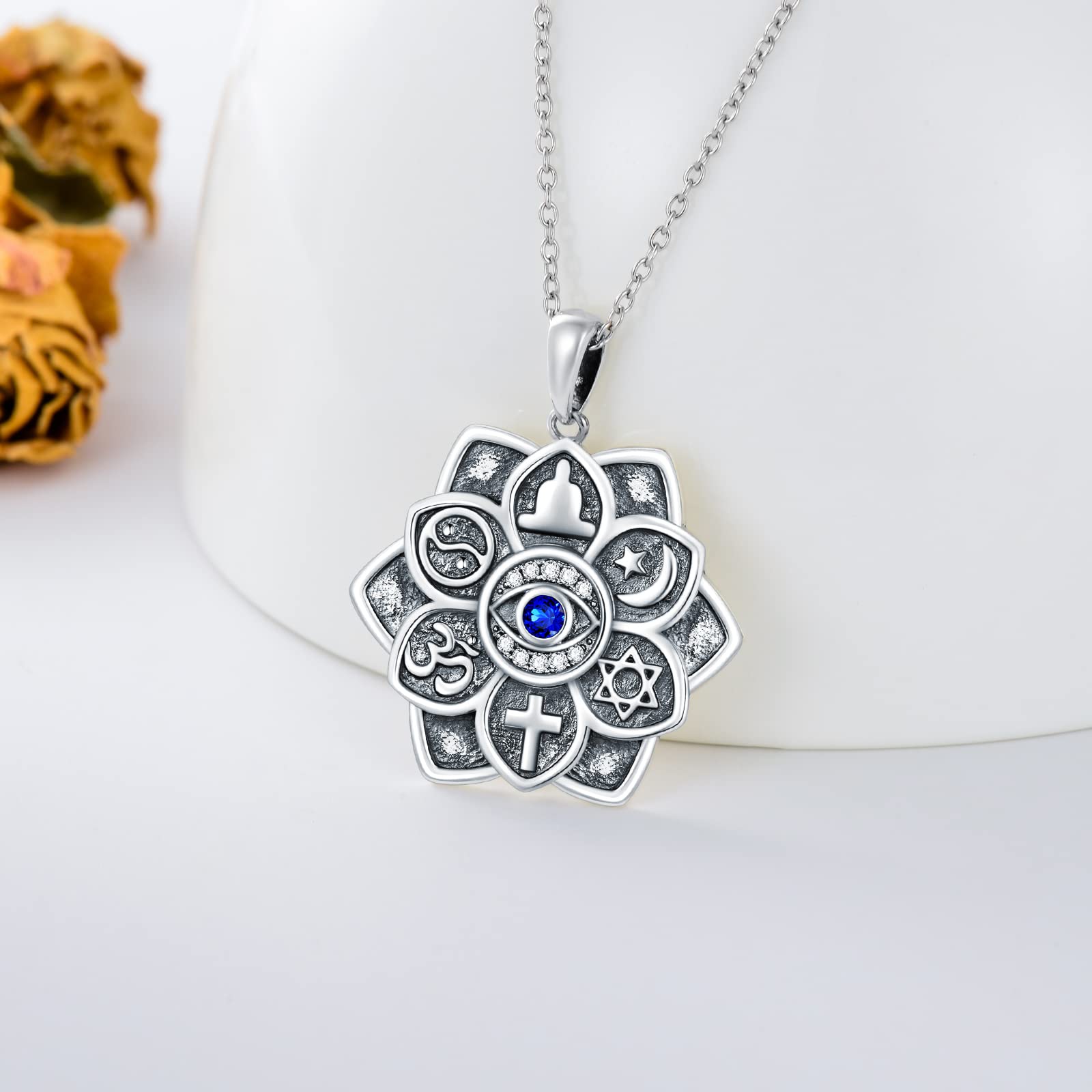 MEIDERBO Lotus Flower Evil Eye Necklace 925 Sterling Silver Protection Pendant Yoga Om Necklace for Women Mother's Day Gifts Birthday Jewelry