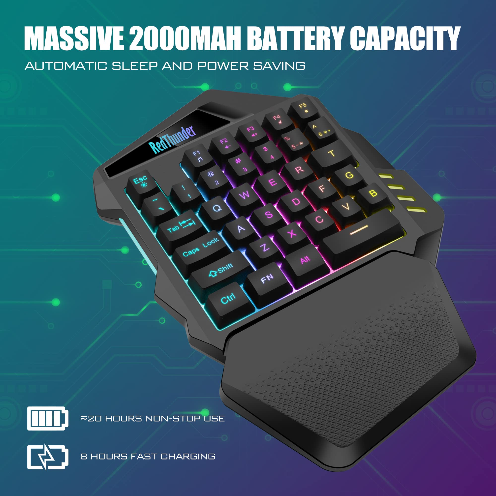 RedThunder Wireless One-Handed Gaming Keyboard, 2.4Ghz RGB Backlit Mini Gaming Keypad, Rechargeable 2000mAh Battery for PC Gamer