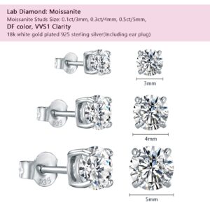 Diamond Moissanite Stud Earrings Women: 0.1ct-0.46ct DF Color Solitaire Round Solid White Gold Plated Sterling Silver Stud Earring Set for Women