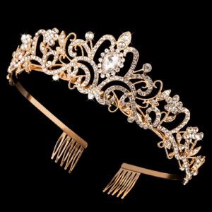 gold crystal crowns tiara for women, girls elegant princess rhinestone crown with combs, bridal wedding headbands prom birthday party halloween hair accessories jewelry gifts for women girls