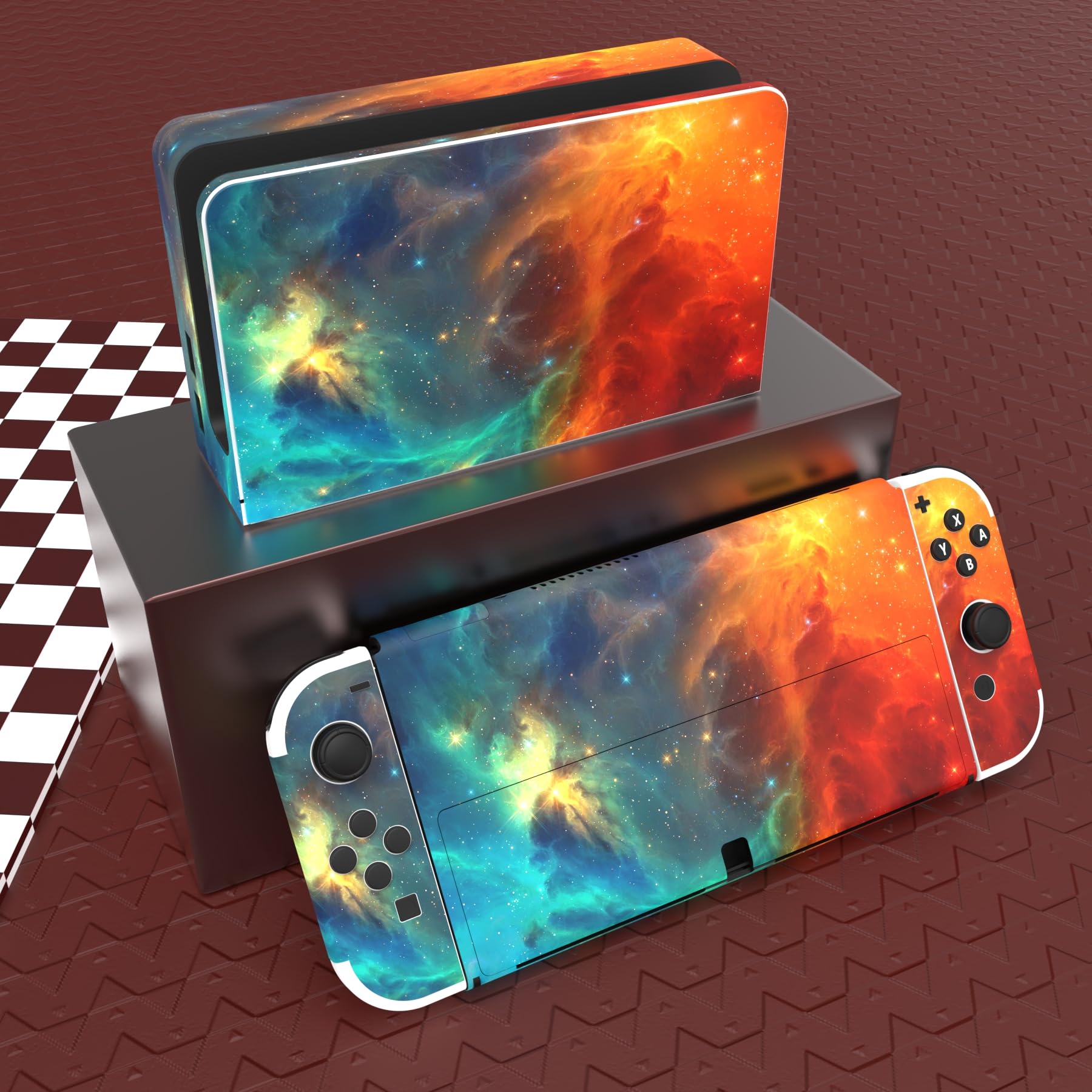 PlayVital Full Set Protective Stickers for Nintendo Switch OLED Model, Customized Vinyl Decal Skins for Switch OLED Console & Joycon & Dock & Grip - Orange Star Universe