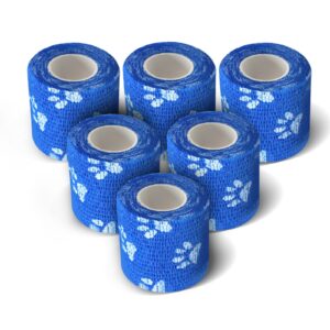 Risen Self Adhesive Bandage Wrap 6 Pack,2”x 5 Yards Medical Tape for Christmas Gifts,Gauze Rolls First Aid Vet Wrap Adherent Bandages for Sports,Dogs Pet(Blue Paw)