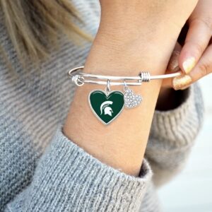 Michigan State Spartans Amara Crystal Heart Silver Bangle Bracelet Jewelry Gift MSU