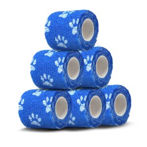 Risen Self Adhesive Bandage Wrap 6 Pack,2”x 5 Yards Medical Tape for Christmas Gifts,Gauze Rolls First Aid Vet Wrap Adherent Bandages for Sports,Dogs Pet(Blue Paw)