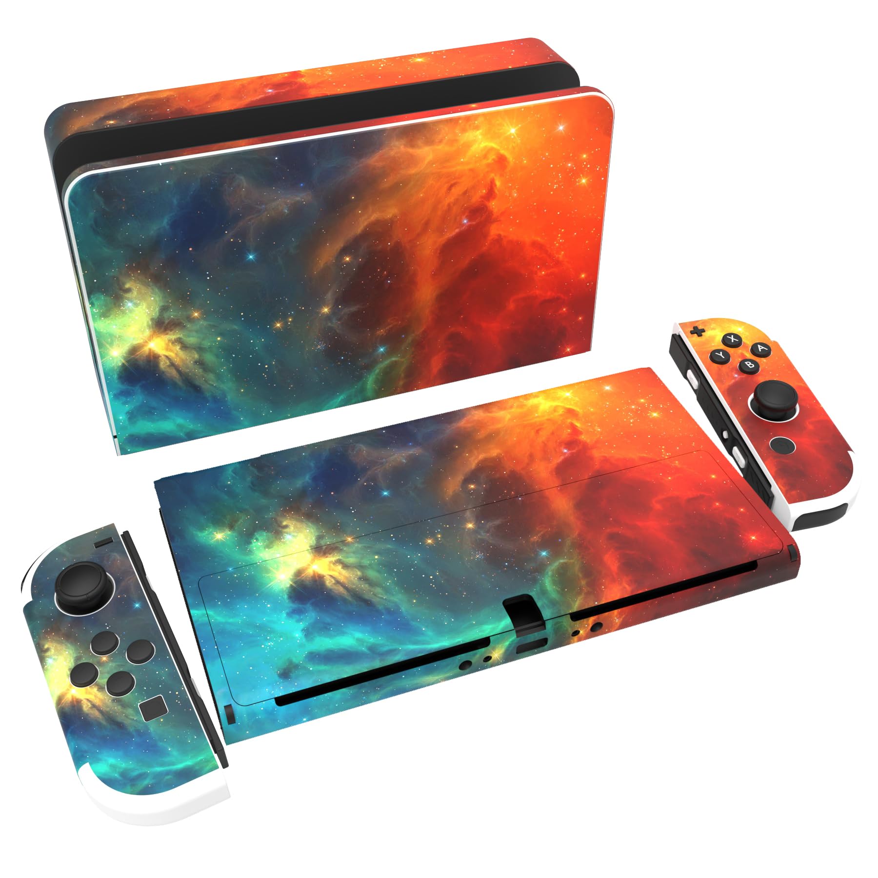 PlayVital Full Set Protective Stickers for Nintendo Switch OLED Model, Customized Vinyl Decal Skins for Switch OLED Console & Joycon & Dock & Grip - Orange Star Universe