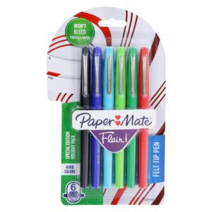 paper mate flair porous-point pens, medium point, 0.7 mm, assorted holiday ink colors, pack of 6 pens