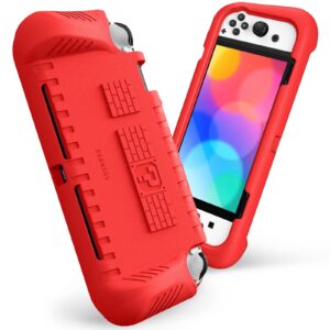 fintie kids case for nintendo switch oled model 2021 with 2 game card slots - [kids friendly] ultralight shockproof protective cover, ergonomic grip case for switch oled model console 7.0", red