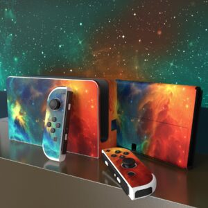 PlayVital Full Set Protective Stickers for Nintendo Switch OLED Model, Customized Vinyl Decal Skins for Switch OLED Console & Joycon & Dock & Grip - Orange Star Universe