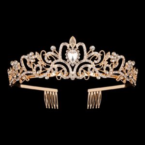 Gold Crystal Crowns Tiara for Women, Girls Elegant Princess Rhinestone Crown with Combs, Bridal Wedding Headbands Prom Birthday Party Halloween Hair Accessories Jewelry Gifts for Women Girls