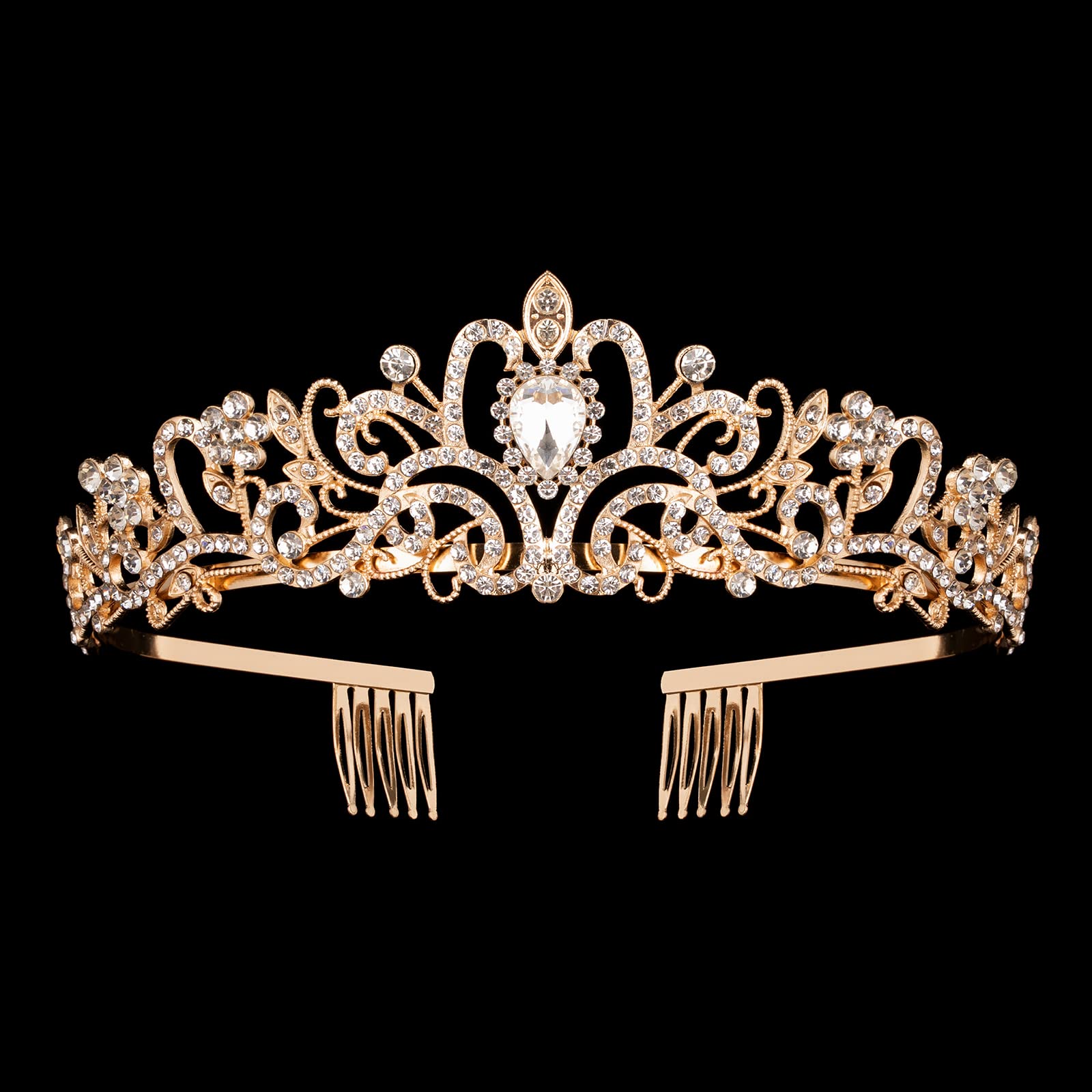 Gold Crystal Crowns Tiara for Women, Girls Elegant Princess Rhinestone Crown with Combs, Bridal Wedding Headbands Prom Birthday Party Halloween Hair Accessories Jewelry Gifts for Women Girls