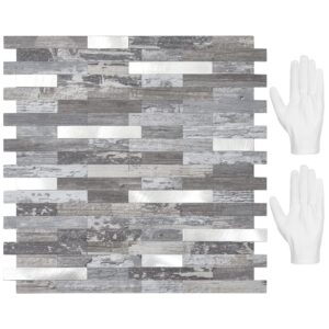 stickgoo peel and stick backsplash, pvc wall tiles stick on backsplash for kitchen(10 sheets, distressed wood with metal silver)