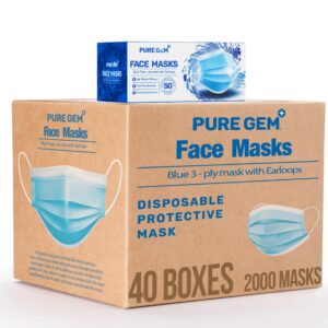 pure gem [pack of 2000] premium disposable blue face mask, soft on skin, pack of 3-ply masks facial cover with elastic earloops