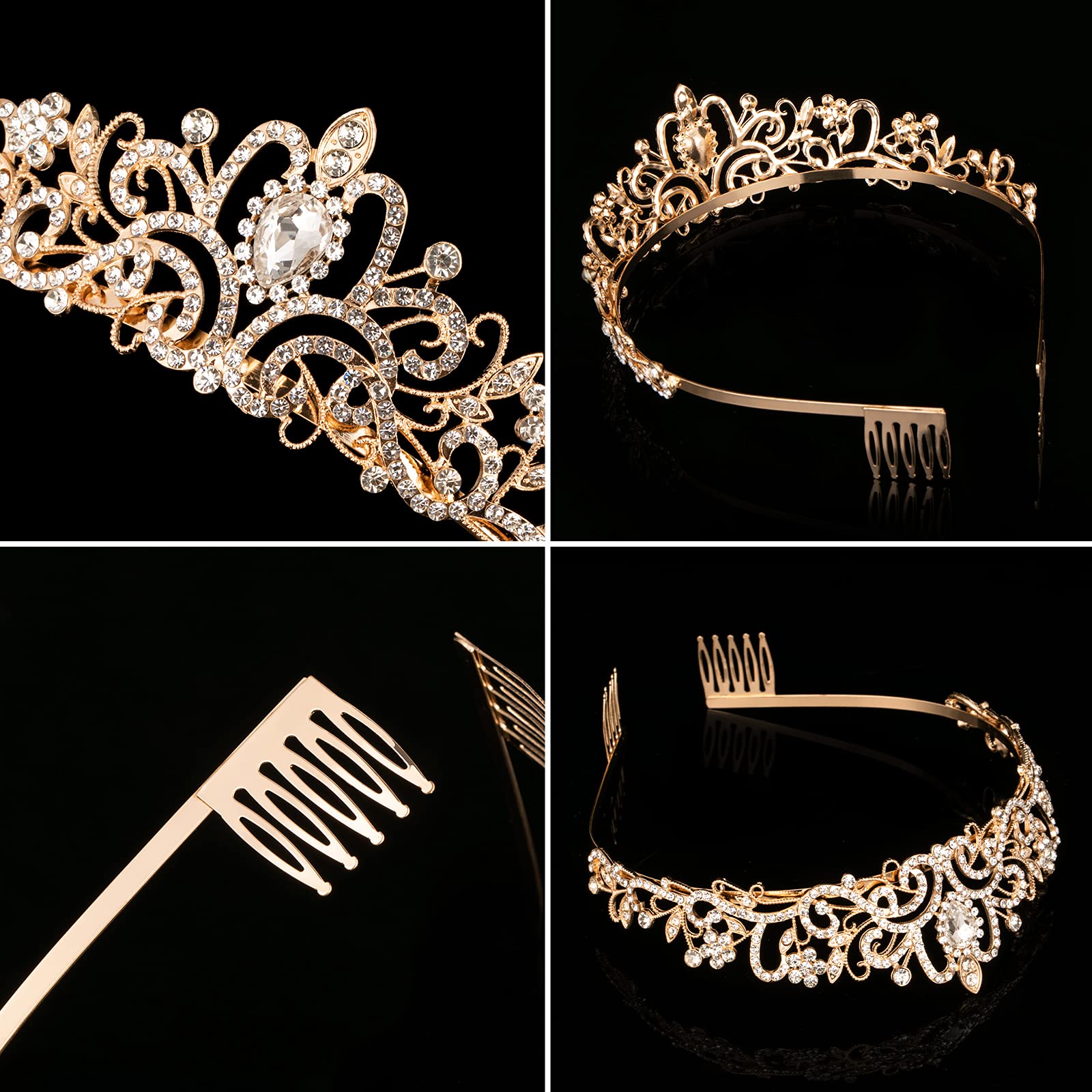 Gold Crystal Crowns Tiara for Women, Girls Elegant Princess Rhinestone Crown with Combs, Bridal Wedding Headbands Prom Birthday Party Halloween Hair Accessories Jewelry Gifts for Women Girls