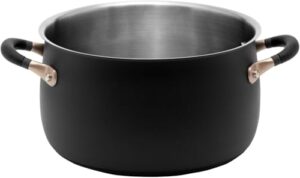 meyer stainless steel dutch oven, 5 quart stock pot, 9.5" induction compatible stockpot, dishwasher safe casserole pot, oven safe, matte black with silicone handles, accent series cookware