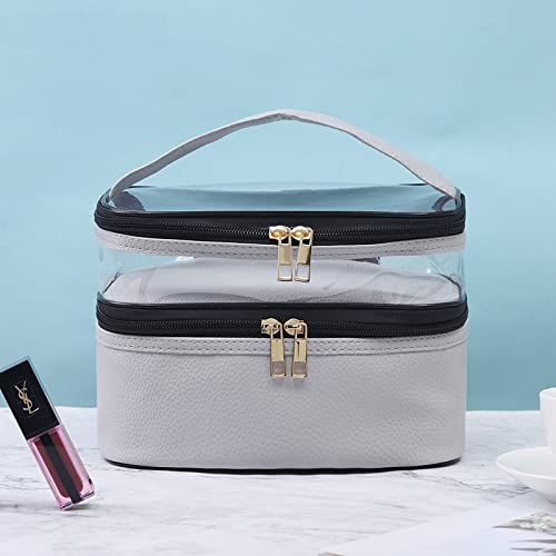 FITINI Makeup Bags Double Layer Travel Storage Cosmetic Cases Make up Organizer Toiletry Bags Water-resistant for Women Makeup Brush Bag,Gray