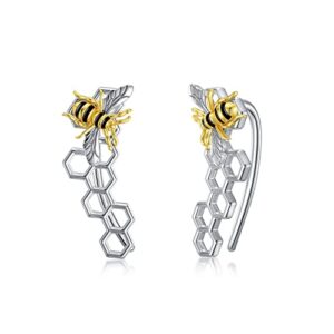 pelovny 925 sterling silver bee earrings honeycomb bee ear climbers earrings jewelry gifts for women