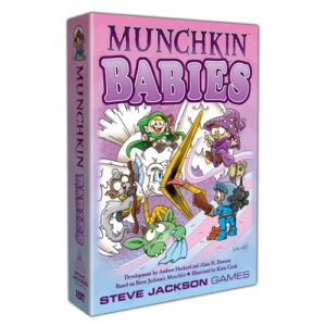 munchkin babies card game, family card game, adult, kids, & family game, fantasy adventure card game, roleplaying game, ages 10+, 3-6 players, avg play time 120 min, steve jackson games