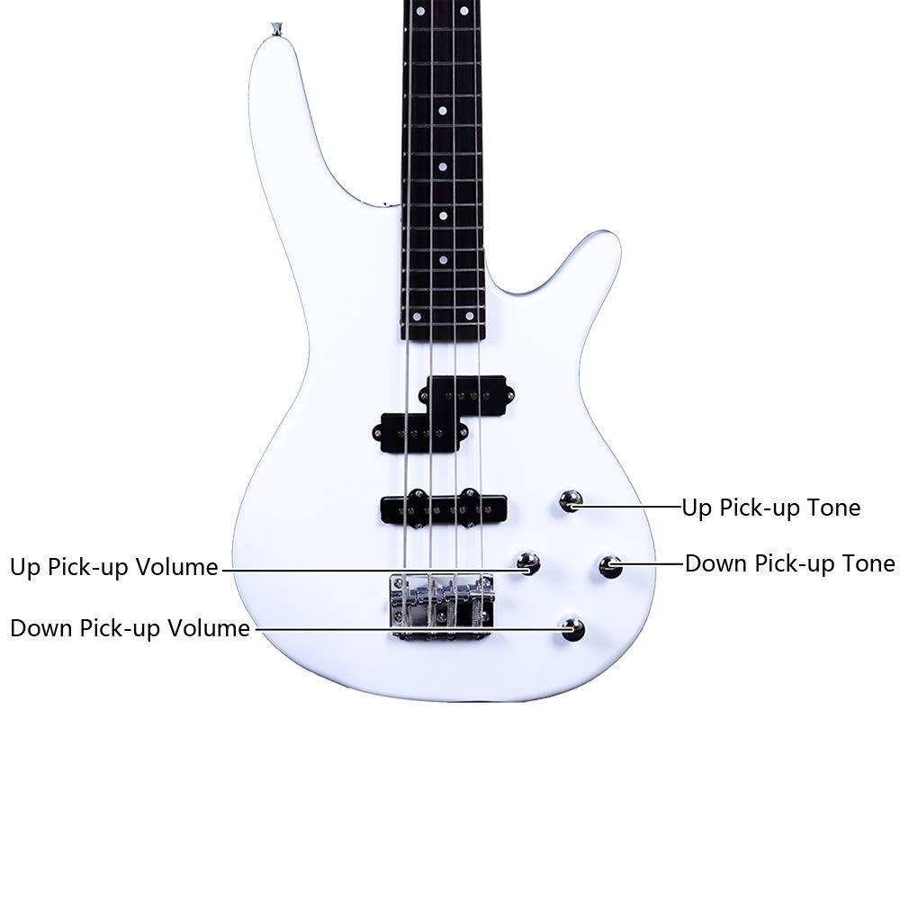 IB Bass,Electric Bass Guitar Beginner Kit 4 String Exquisite Basswood Bass with Power Line and Wrench Tool for Starter (White)