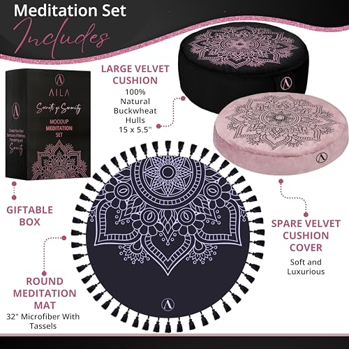 Aila Meditation Pillow Set With Mat & Extra Cushion Cover – Luxurious Meditation Accessories Spiritual Decor Round Zafu Cushion Meditation Chair – Meditation Floor Pillow for Women Yoga and Meditation