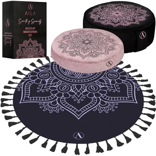 Aila Meditation Pillow Set With Mat & Extra Cushion Cover – Luxurious Meditation Accessories Spiritual Decor Round Zafu Cushion Meditation Chair – Meditation Floor Pillow for Women Yoga and Meditation