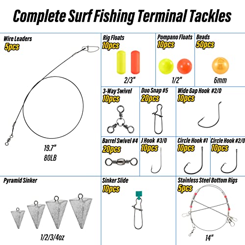 Dr.Fish 269 Pieces Surf Fishing Tackle Kit with Box, Saltwater Fishing Tackle Pompano Rigs Making Set Bucktail Jigs Saltwater Lures Walking Bait Pier Surf Casting Sea Tackle Kits Lead Pyramid Sinkers