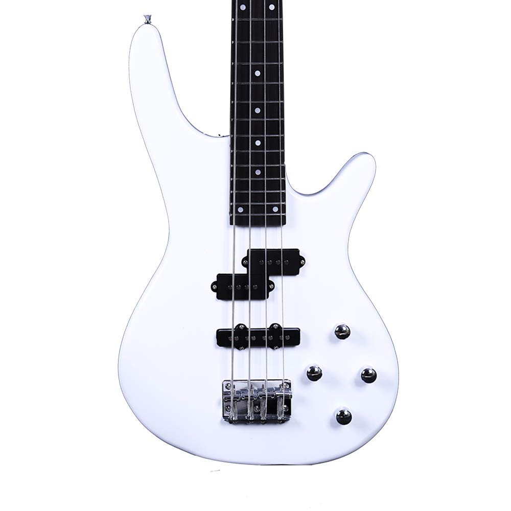 IB Bass,Electric Bass Guitar Beginner Kit 4 String Exquisite Basswood Bass with Power Line and Wrench Tool for Starter (White)