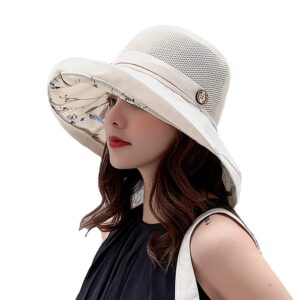 women's mesh sun hats summer uv protection wide brim beach fishing cap (beige)