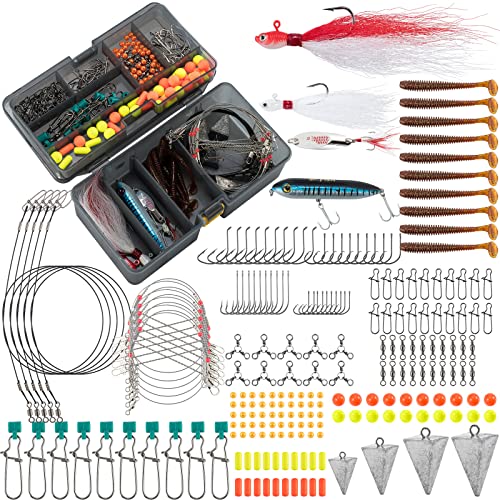 Dr.Fish 269 Pieces Surf Fishing Tackle Kit with Box, Saltwater Fishing Tackle Pompano Rigs Making Set Bucktail Jigs Saltwater Lures Walking Bait Pier Surf Casting Sea Tackle Kits Lead Pyramid Sinkers