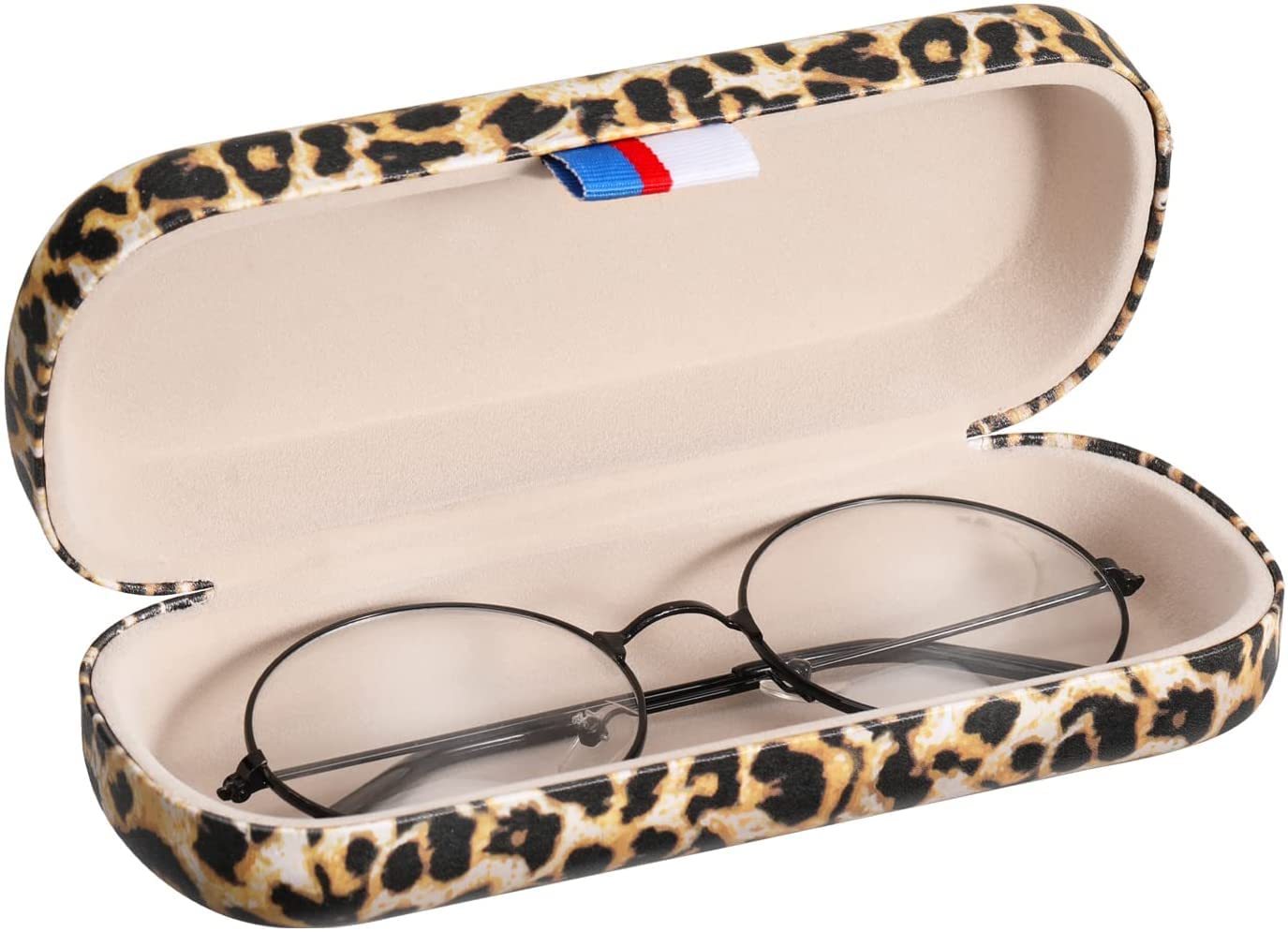 MoKo Eyeglass Case Hard Shell for Men Women, Unisex Portable Travel Sunglasses Cases PU Leather Glasses Storage Box Holder, Leopard